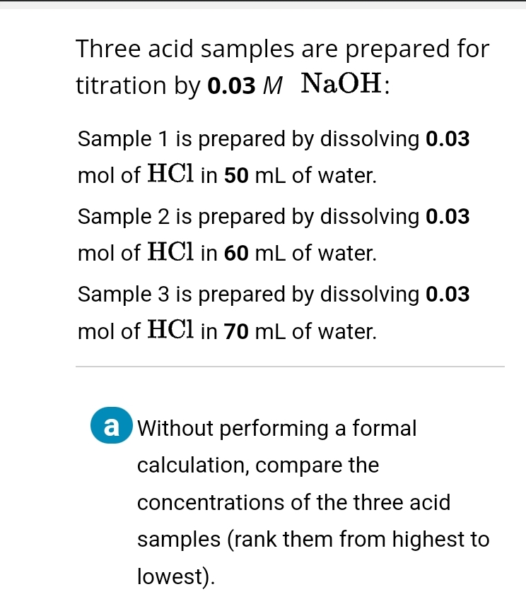 Solved Three acid samples are prepared fortitration by 0.03 | Chegg.com