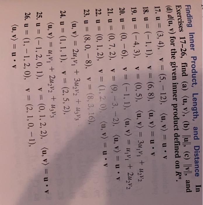 Solved In = Finding Inner Product, Length, and Distance | Chegg.com