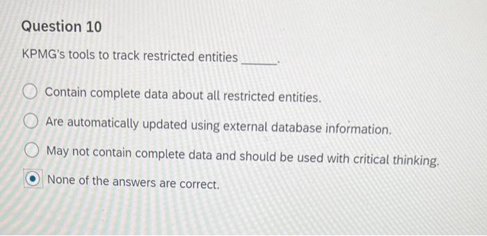 Solved KPMG's tools to track restricted entities Contain | Chegg.com