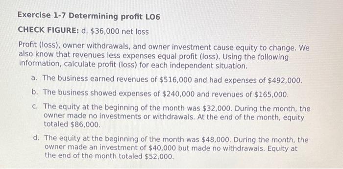 Solved Exercise 1-7 Determining profit LO6 CHECK FIGURE: | Chegg.com