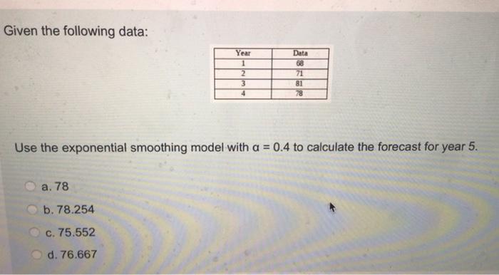Solved Given the following data: Year 1 2 3 4 Data 68 71 81 | Chegg.com