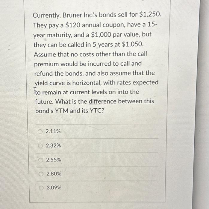 Solved Currently, Bruner Inc.'s bonds sell for $1,250. They | Chegg.com