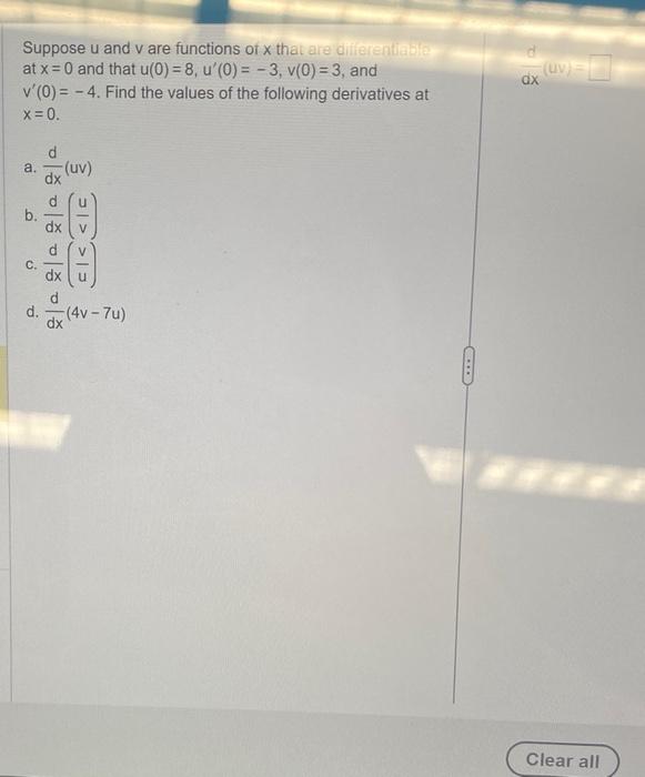 Solved Suppose u and v are functions of x that are | Chegg.com