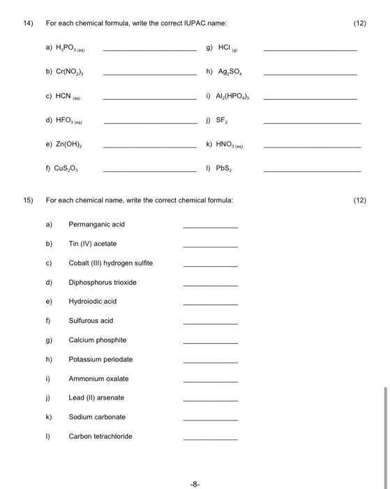 Solved 14) For each chemical formula, write the correct | Chegg.com
