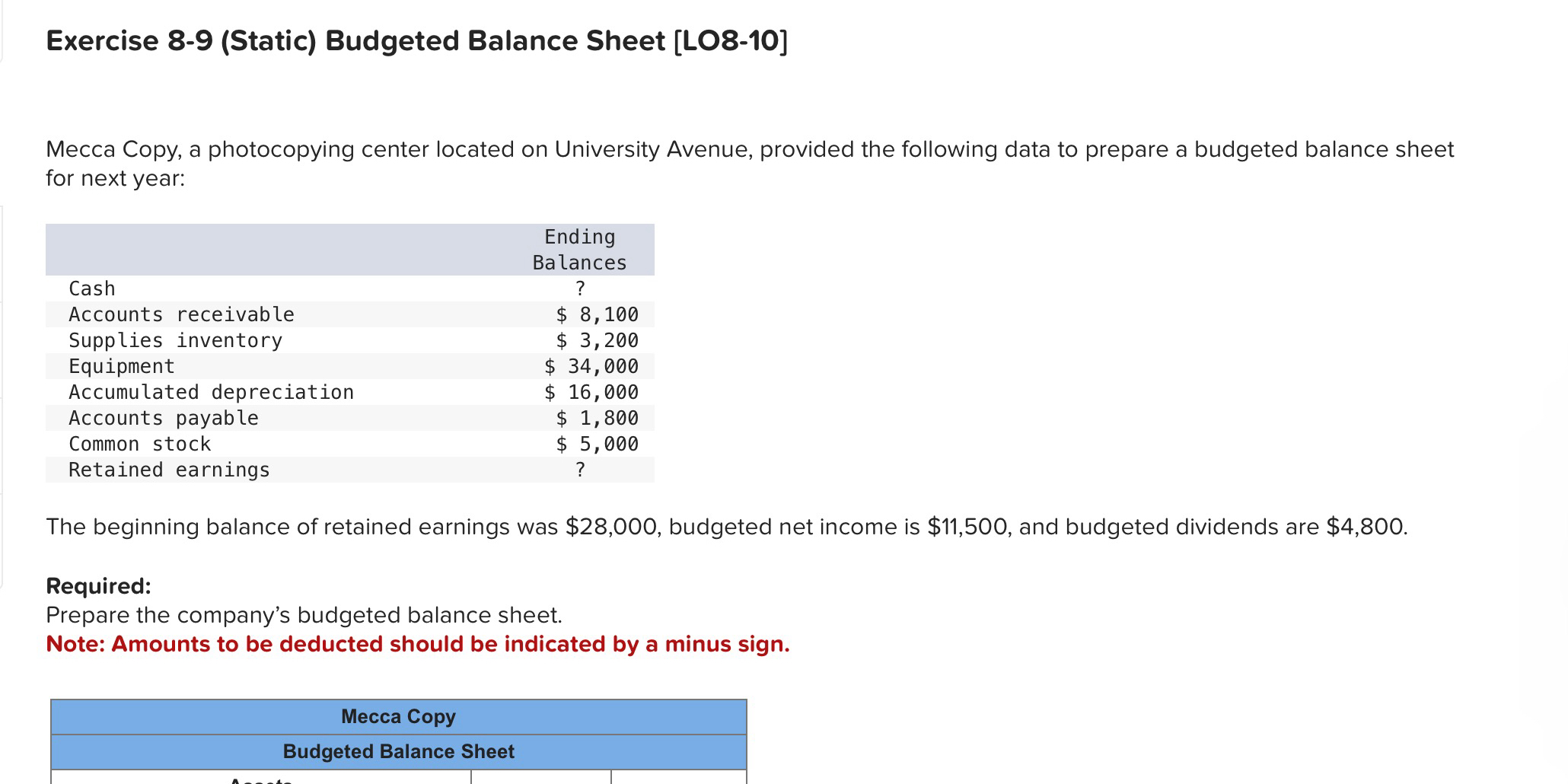 Solved Exercise 8-9 (Static) Budgeted Balance Sheet | Chegg.com Solved Exercise 8-9 (Static) Budgeted Balance Sheet | Chegg.com