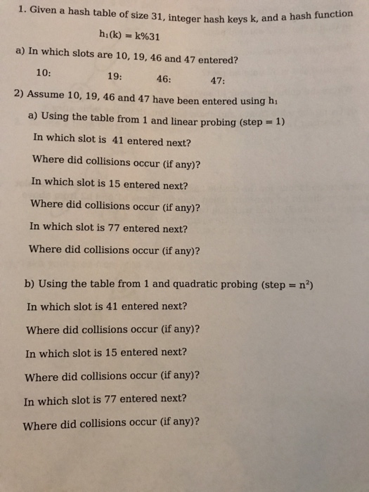 Solved 1 Given A Hash Table Of Size 31 Integer Hash Keys 1066