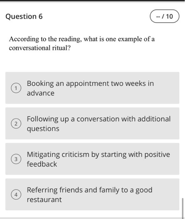 Solved Question 5 -- / 10 What is a conversational ritual? A | Chegg.com