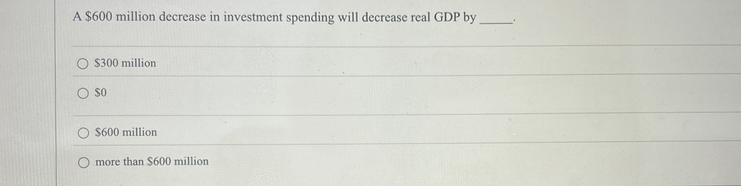Solved A $600 ﻿million decrease in investment spending will | Chegg.com