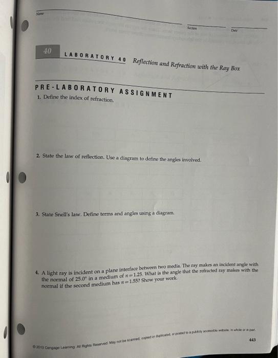 Solved LA) LA B O R A TO A Y 40 Reflection and Refraction | Chegg.com