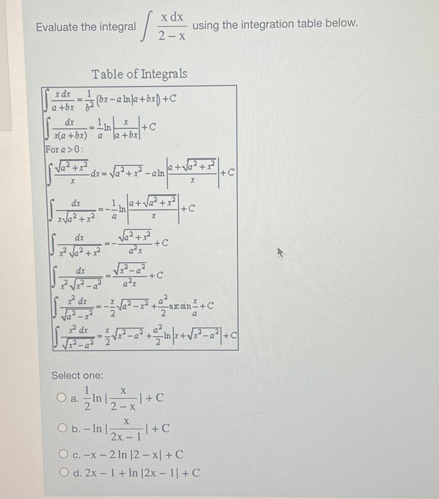 Solved Evaluate the integral ∫﻿﻿xdx2-x ﻿using the | Chegg.com