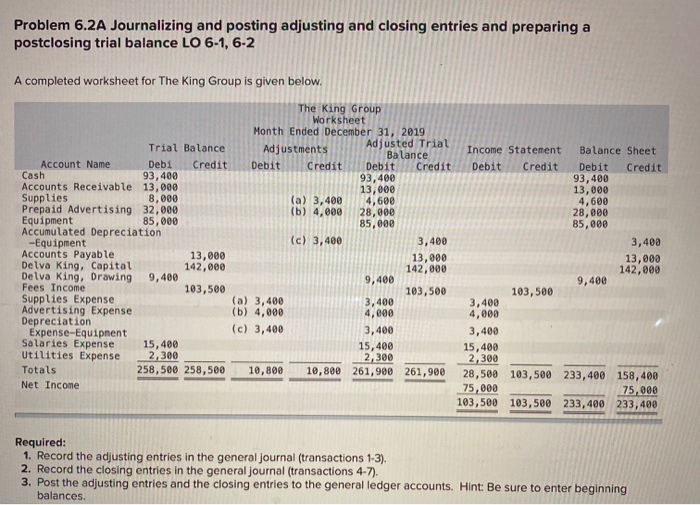 Solved Problem 6.2A Journalizing and posting adjusting and | Chegg.com