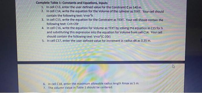 Complete Table 1: Constants and Equations, Inputs 1. | Chegg.com