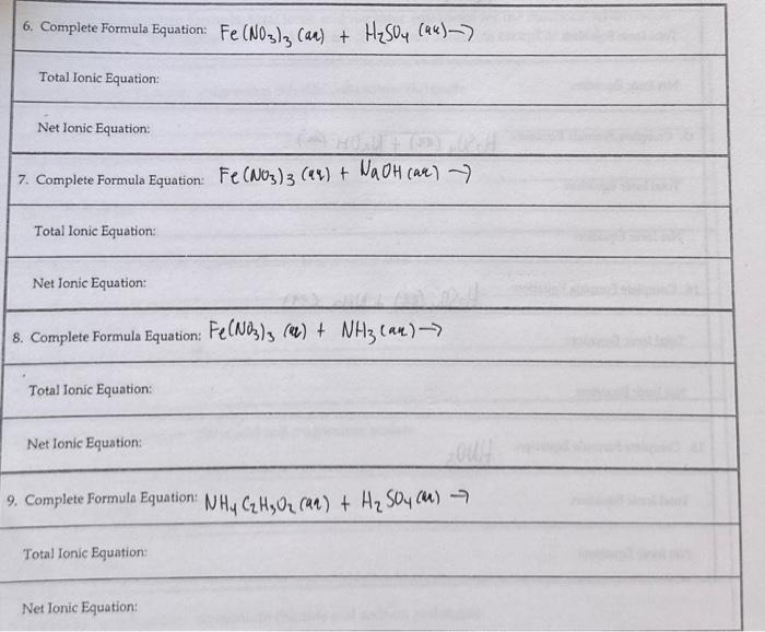 Solved 6. Complete Formula Equation: Fe(NO3)3(ar)+H2SO4 (ak) | Chegg.com
