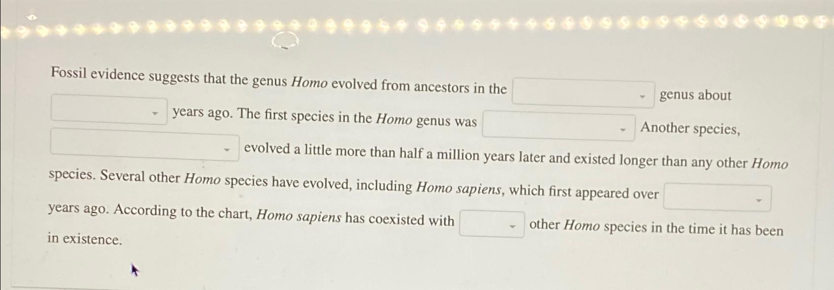 Solved Fossil evidence suggests that the genus Homo evolved | Chegg.com