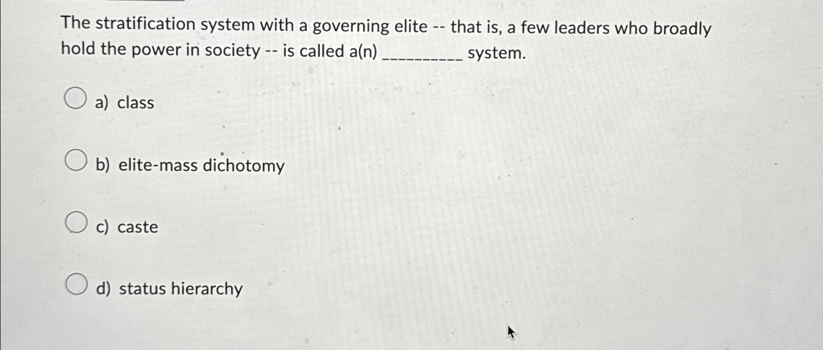 Solved The stratification system with a governing elite -- | Chegg.com