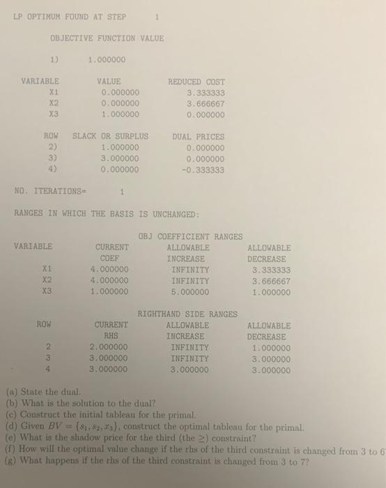 Solved Problem 4. Consider the following Lindo output and | Chegg.com