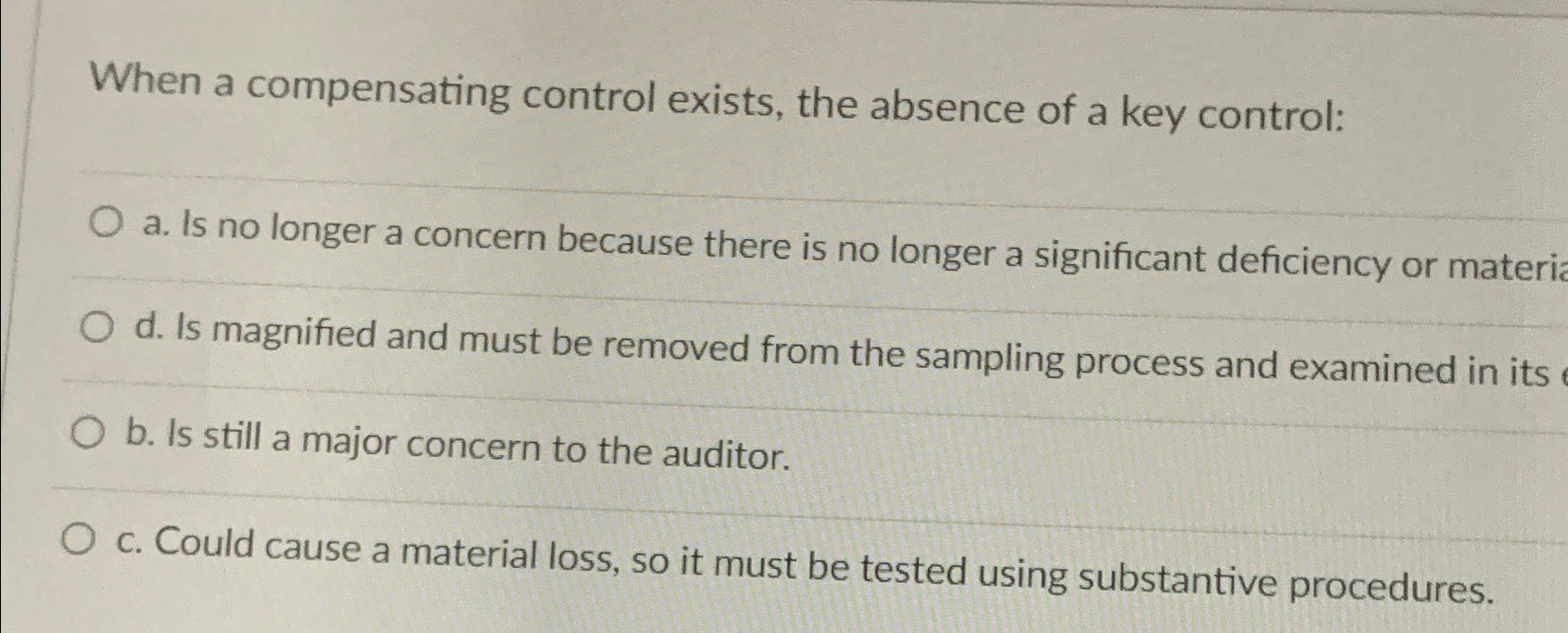 Solved When a compensating control exists, the absence of a | Chegg.com