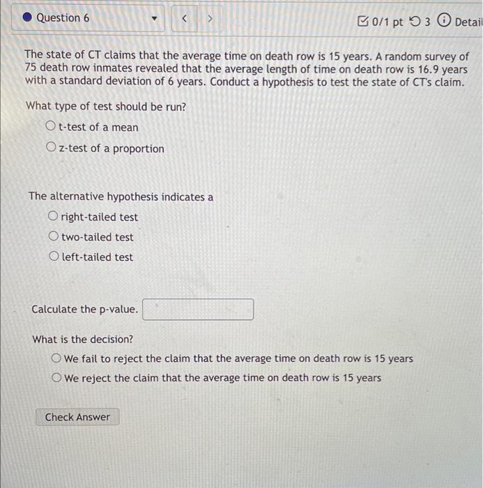 Solved The state of CT claims that the average time on death | Chegg.com