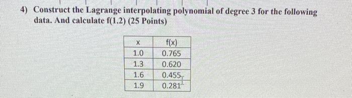 Solved 4) Construct the Lagrange interpolating polynomial of | Chegg.com