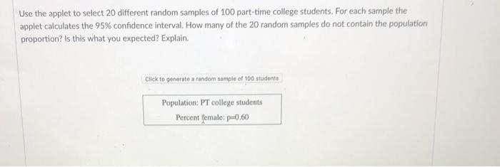 Solved Use the applet to select 20 different random samples | Chegg.com