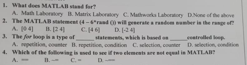 Solved 1 What Does Matlab Stand For 2 The Matlab 