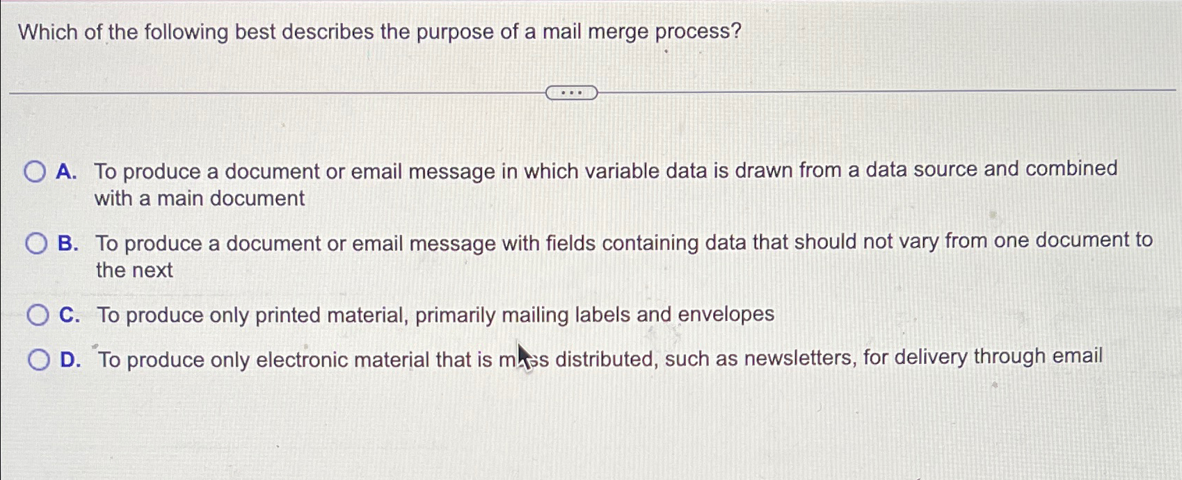 Solved Which of the following best describes the purpose of | Chegg.com