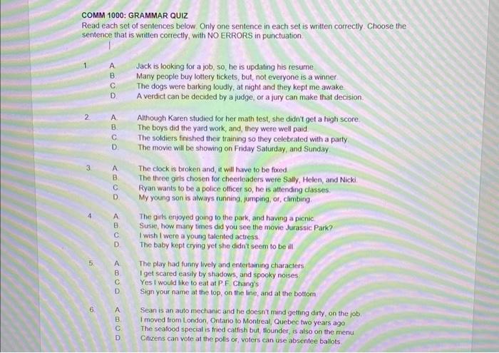 COMM 1000: GRAMMAR QUIZ Read each set of sentences | Chegg.com