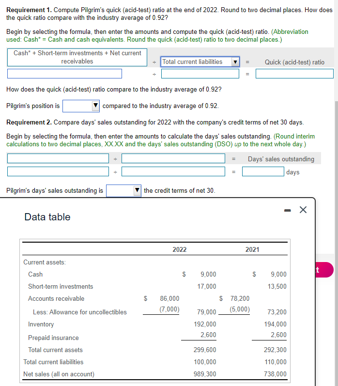 Solved Requirement 1. ﻿Compute Pilgrim's quick (acid-test) | Chegg.com