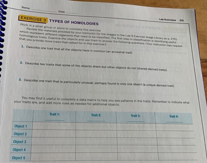 Name: Date EXERCISE 3 TYPES OF HOMOLOGIES Lab | Chegg.com