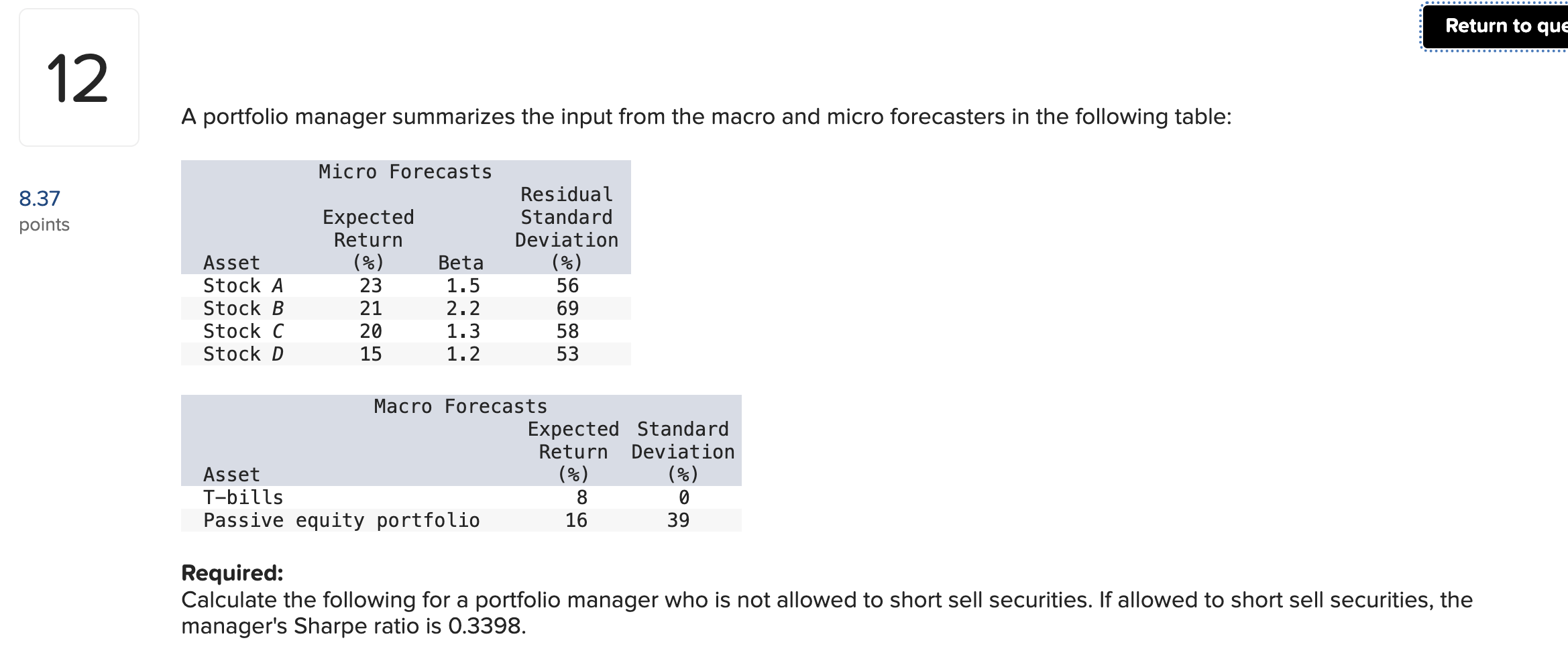 Solved A portfolio manager summarizes the input from the | Chegg.com