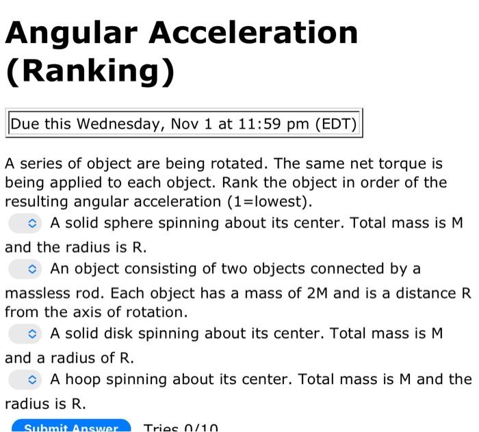Solved Angular Acceleration (Ranking) A series of object are | Chegg.com