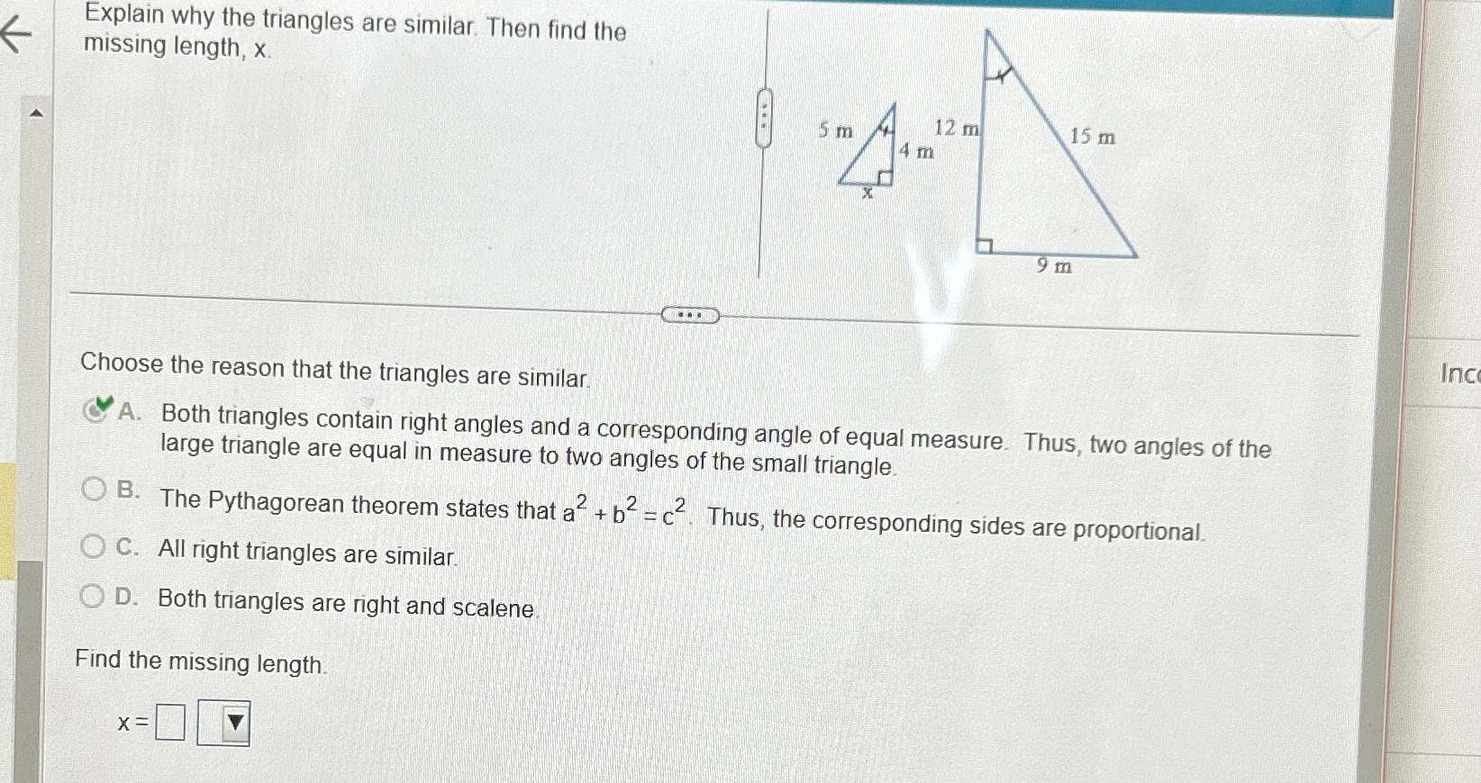 Solved Explain why the triangles are similar. Then find the | Chegg.com