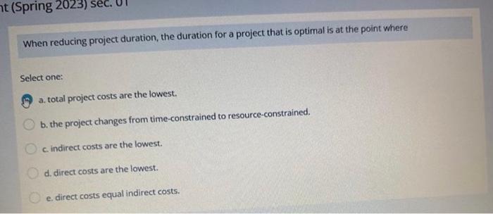 Solved When reducing project duration, the duration for a | Chegg.com
