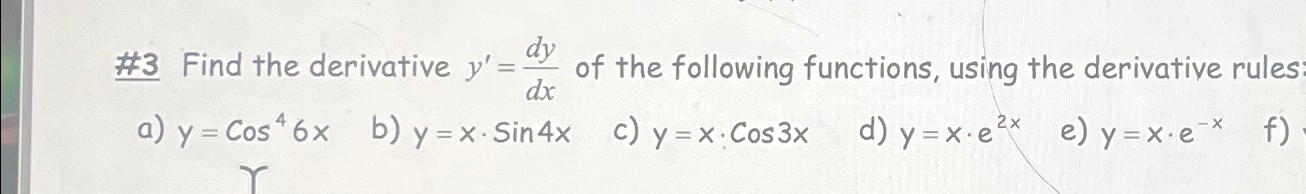 Solved #3 ﻿Find the derivative y'=dydx ﻿of the following | Chegg.com