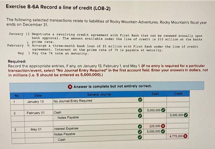 Solved Exercise 8-6A Record a line of credit (LO8-2) The | Chegg.com