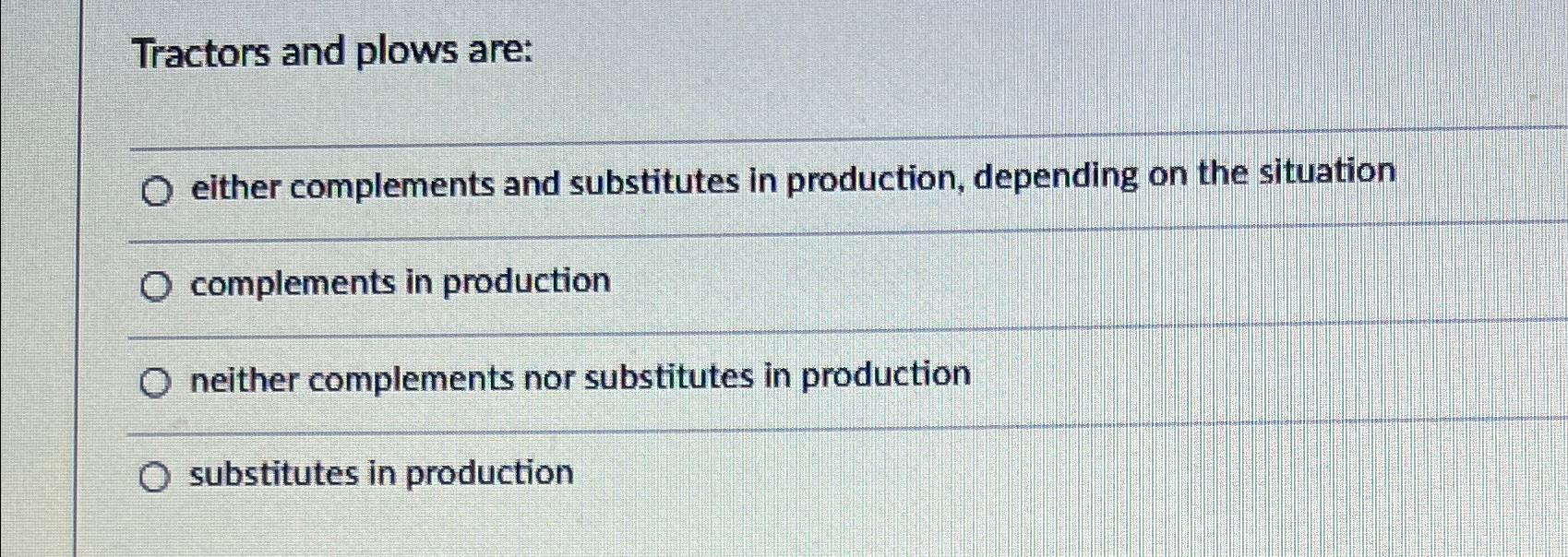 Solved Tractors and plows are:either complements and | Chegg.com