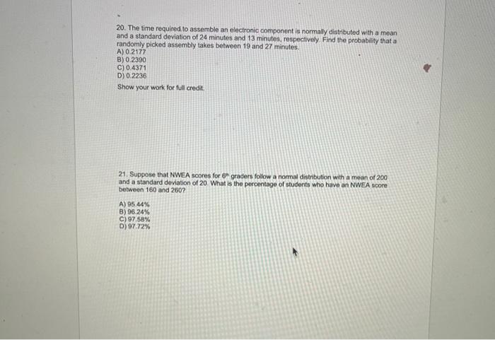 Solved 20. The fime required to assemble an electronic | Chegg.com