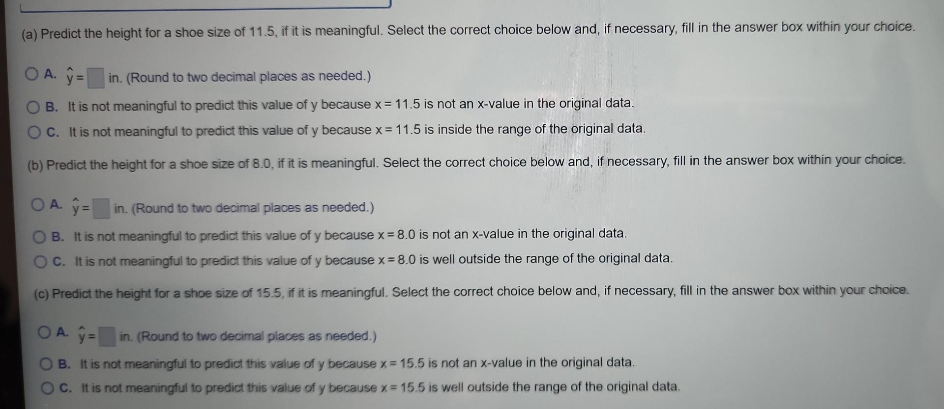 Solved Shoe Sizes and Heights Shoe Size, x Height, y 8.5 | Chegg.com