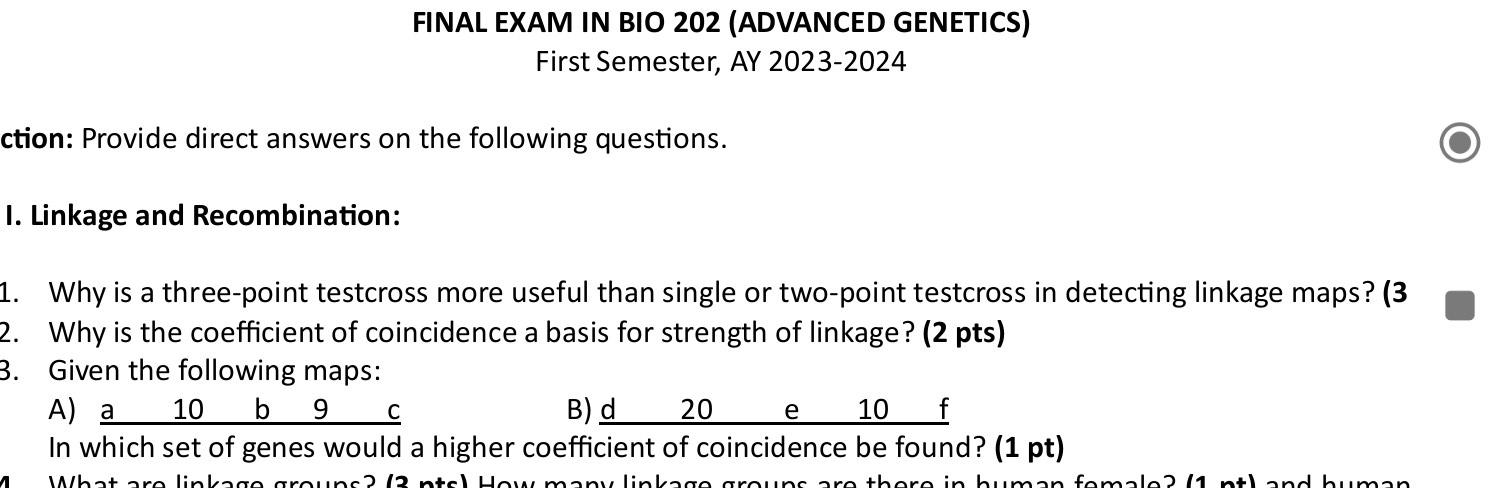 Solved FINAL EXAM IN BIO 202 (ADVANCED GENETICS) First | Chegg.com