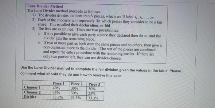 Solved Divider-Chooser Method 1. The divider cuts the item | Chegg.com