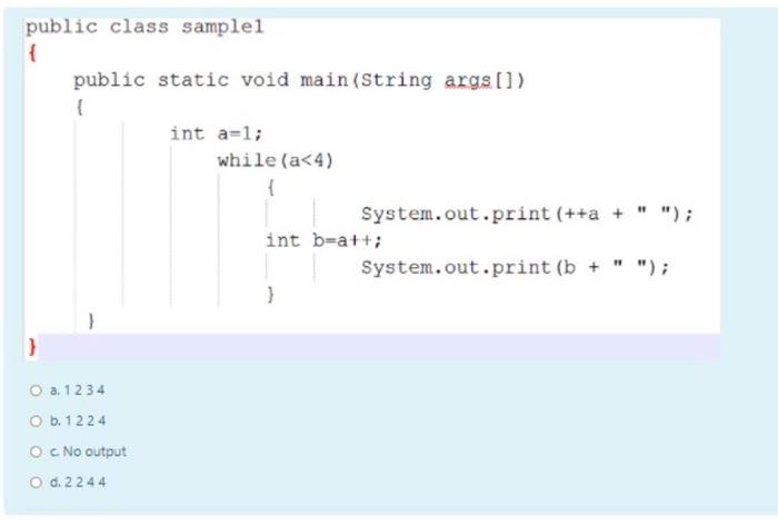 Solved public class samplel { public static void main(String | Chegg.com