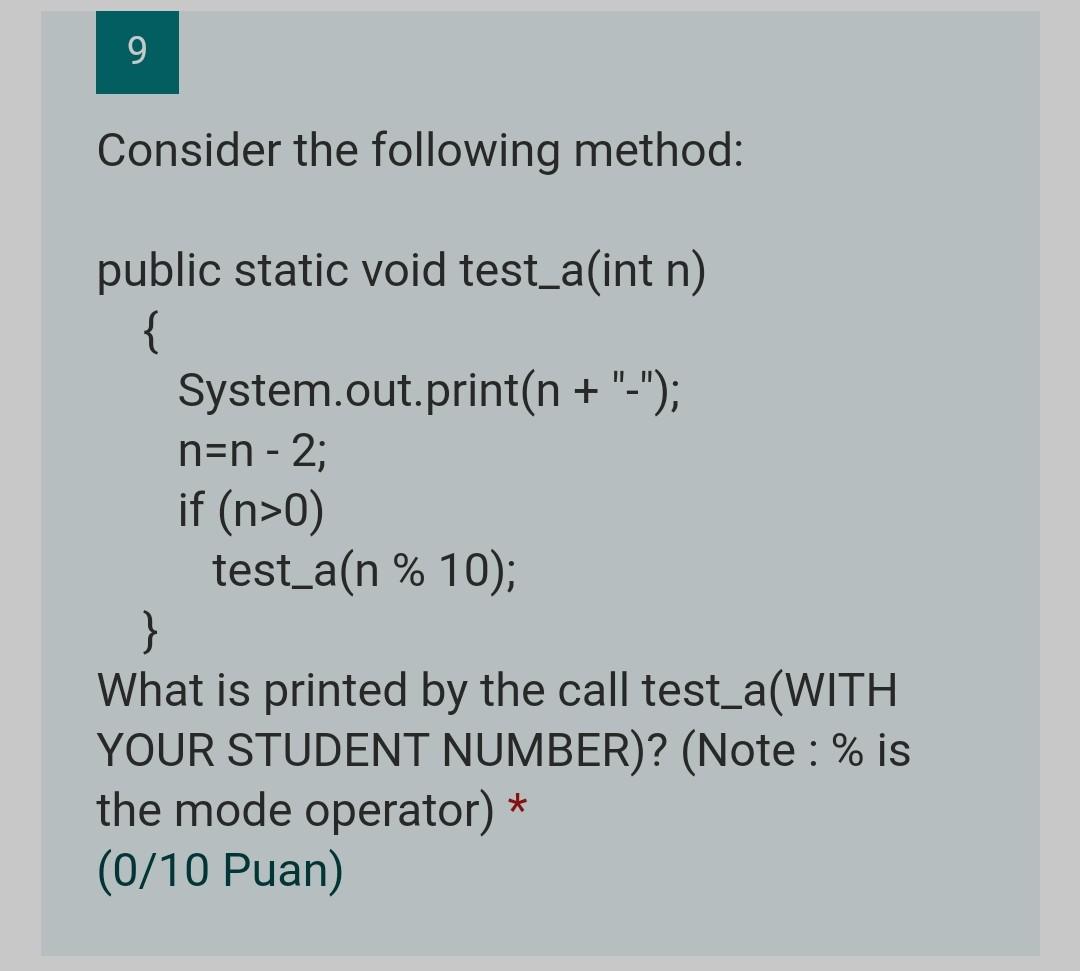 Solved 9 Consider the following method: - public static void | Chegg.com