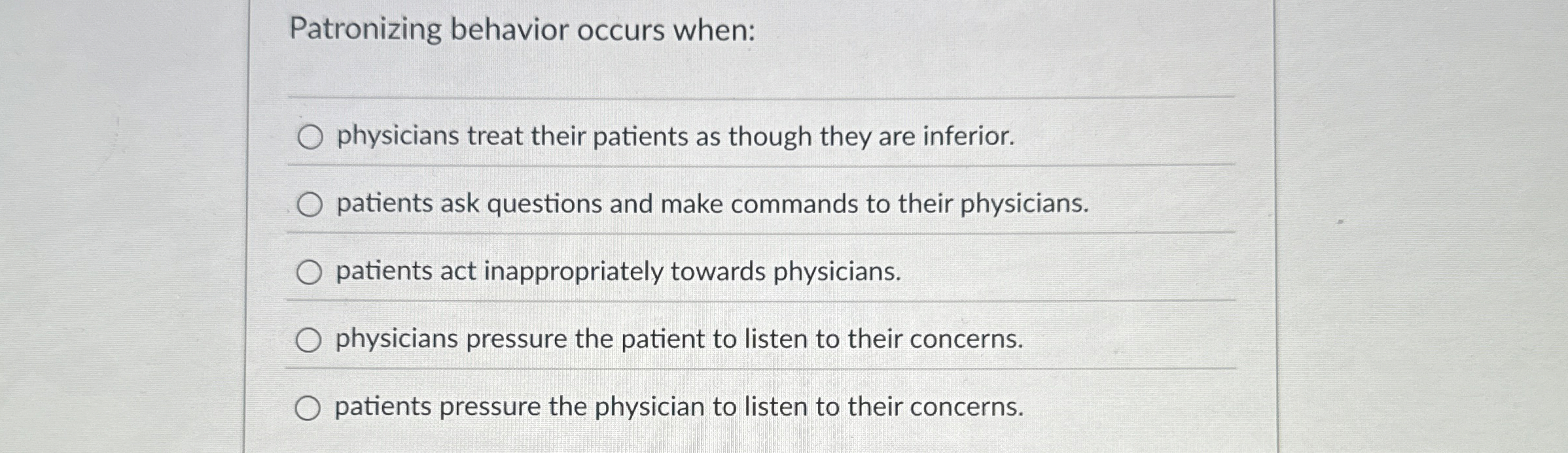 Solved Patronizing behavior occurs when:physicians treat | Chegg.com