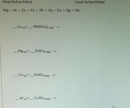 Solved Most Active Metal Least Active Metal Mg > Al > Zn > | Chegg.com