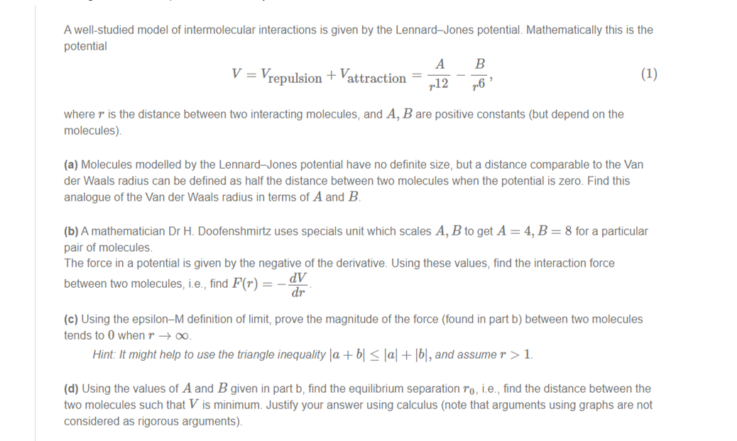Solved A well-studied model of intermolecular interactions | Chegg.com