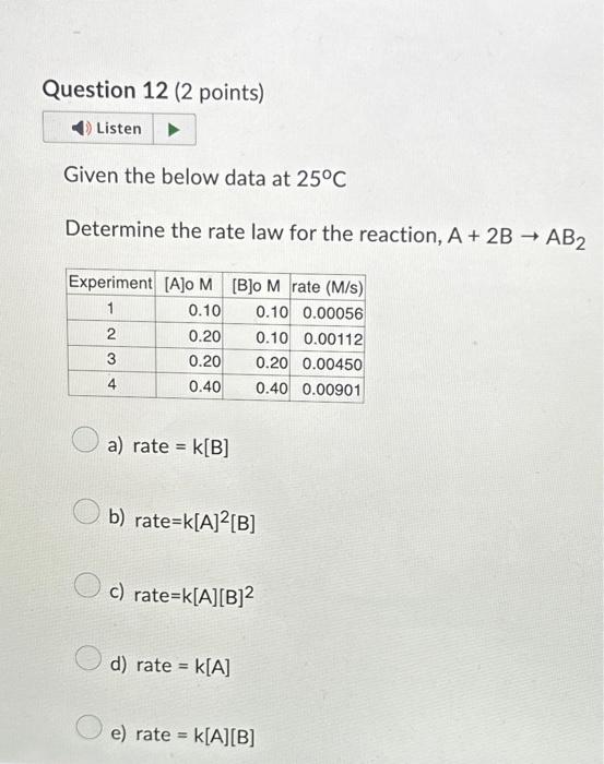 Solved Question 12 (2 points) Given the below data at 25∘C | Chegg.com