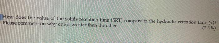 Solved How does the value of the solids retention time (SRT) | Chegg.com