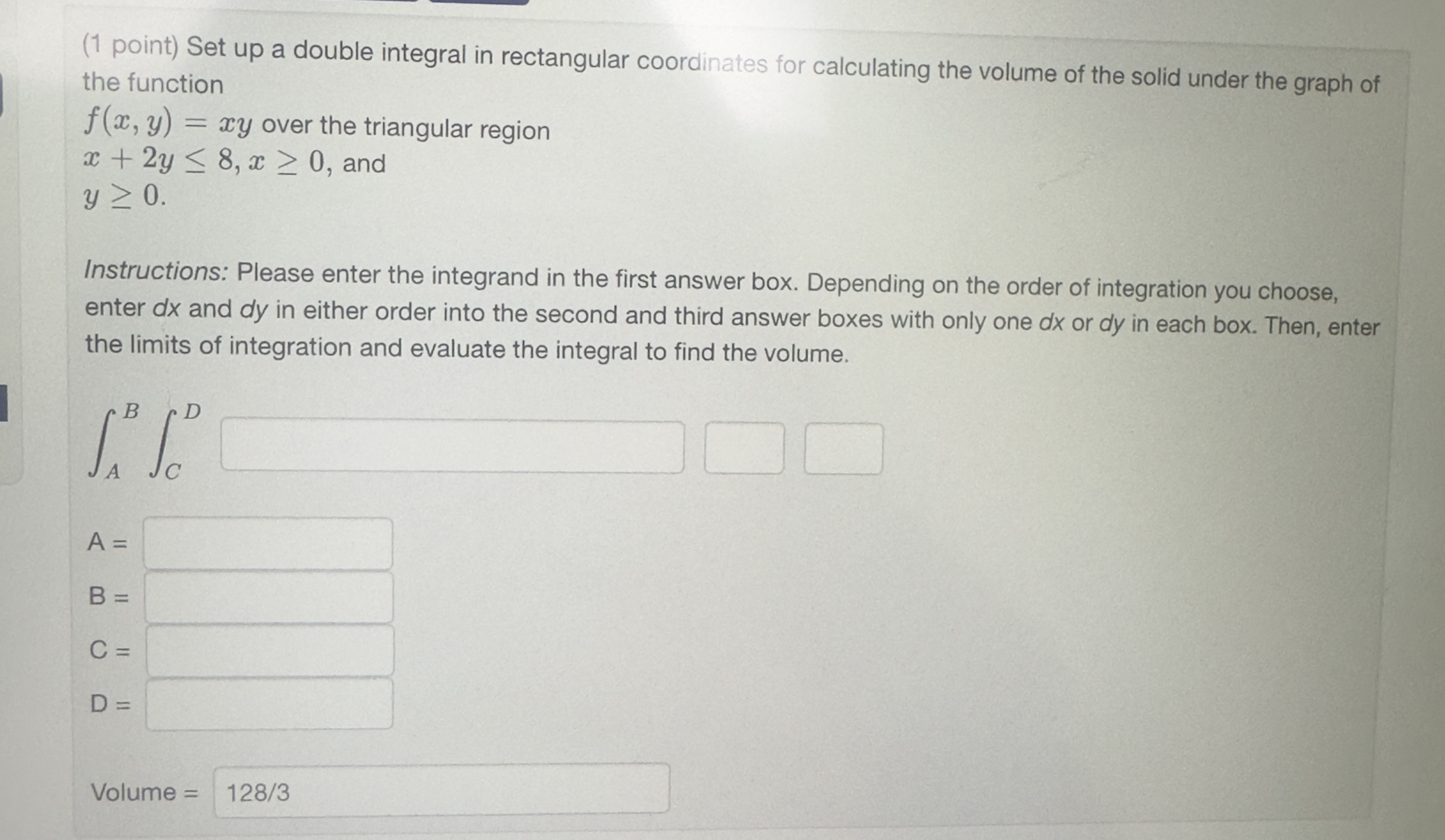 Solved (1 ﻿point) ﻿Set up a double integral in rectangular | Chegg.com