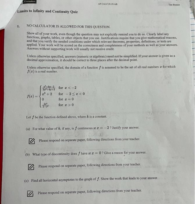 Solved AP CALCULUS AB Test Booklet Limits to Infinity and | Chegg.com