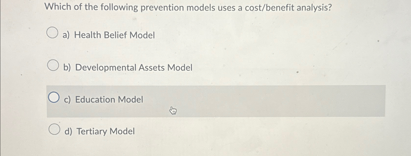 Solved Which of the following prevention models uses a | Chegg.com